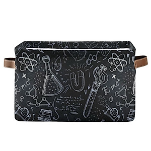 White Science Lab Objects Doodles on Chalkboard 1 PC Rectangle Storage Basket Collapsible Fabric with Leather Handles Bag Organizer Clothes for Home Bedroom 15 x 11 x 9.5 in