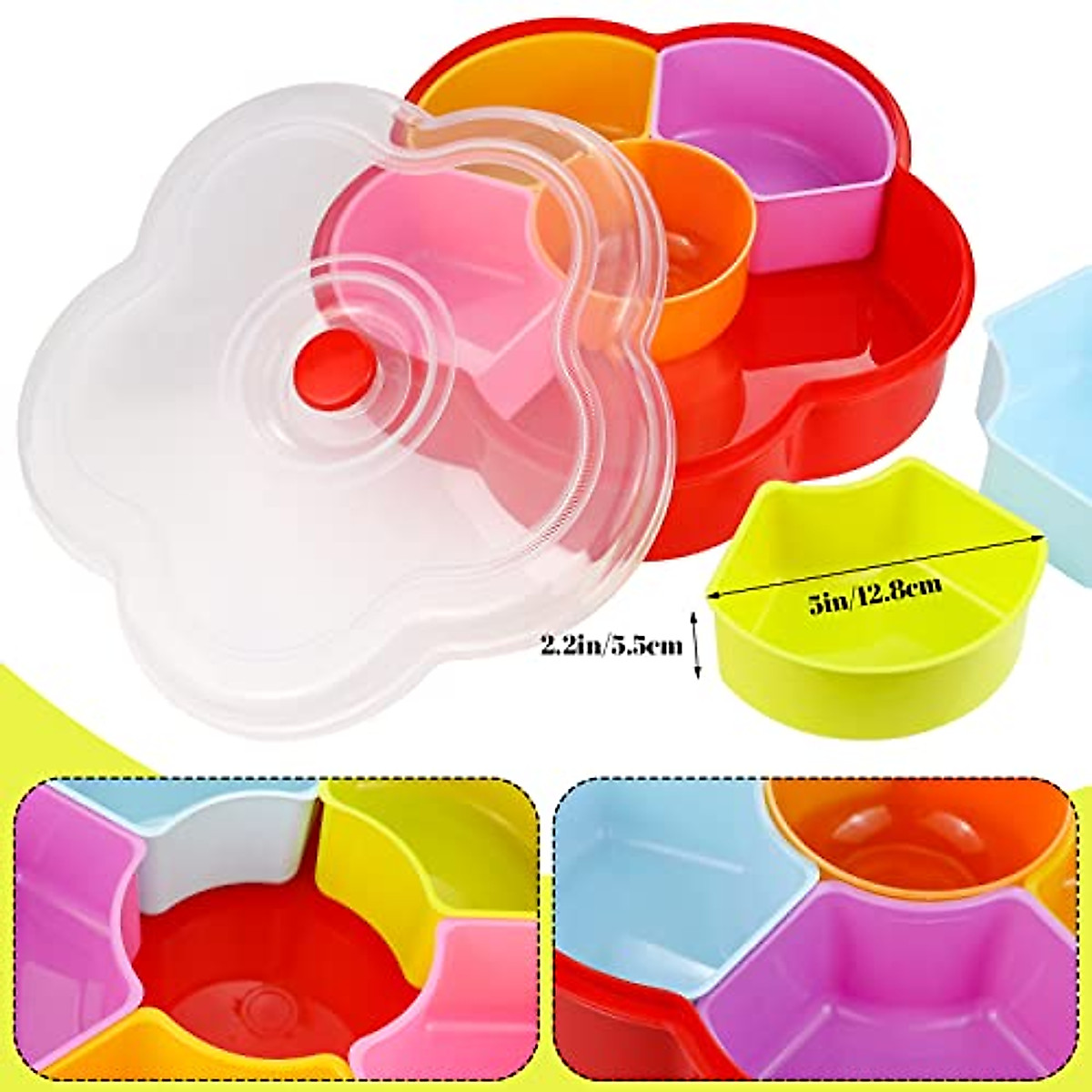 Hslife Separable Colored Flower Shaped Fruit Bowl Snacks Bowl, Candy and Nut Serving Container Appetizer Tray with Lid, 6 Compartment Plastic Food Storage Organizer