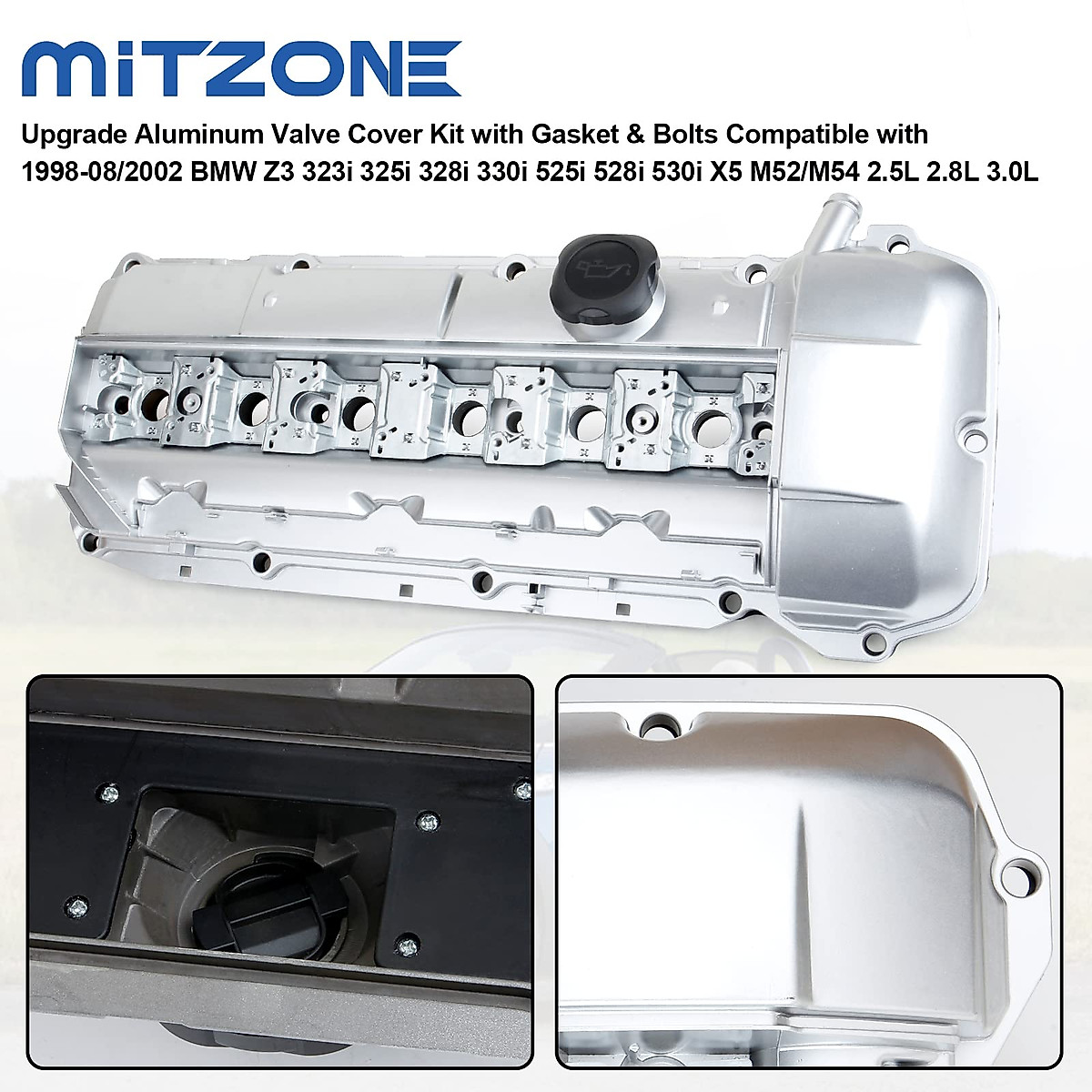 MITZONE Upgrade Aluminum Valve Cover Kit Compatible with 1998-08/2002 BMW Z3 323i 325i 328i 330i 525i 528i 530i X5 M52 M54 2.5L 2.8L 3.0L Part 11121432928