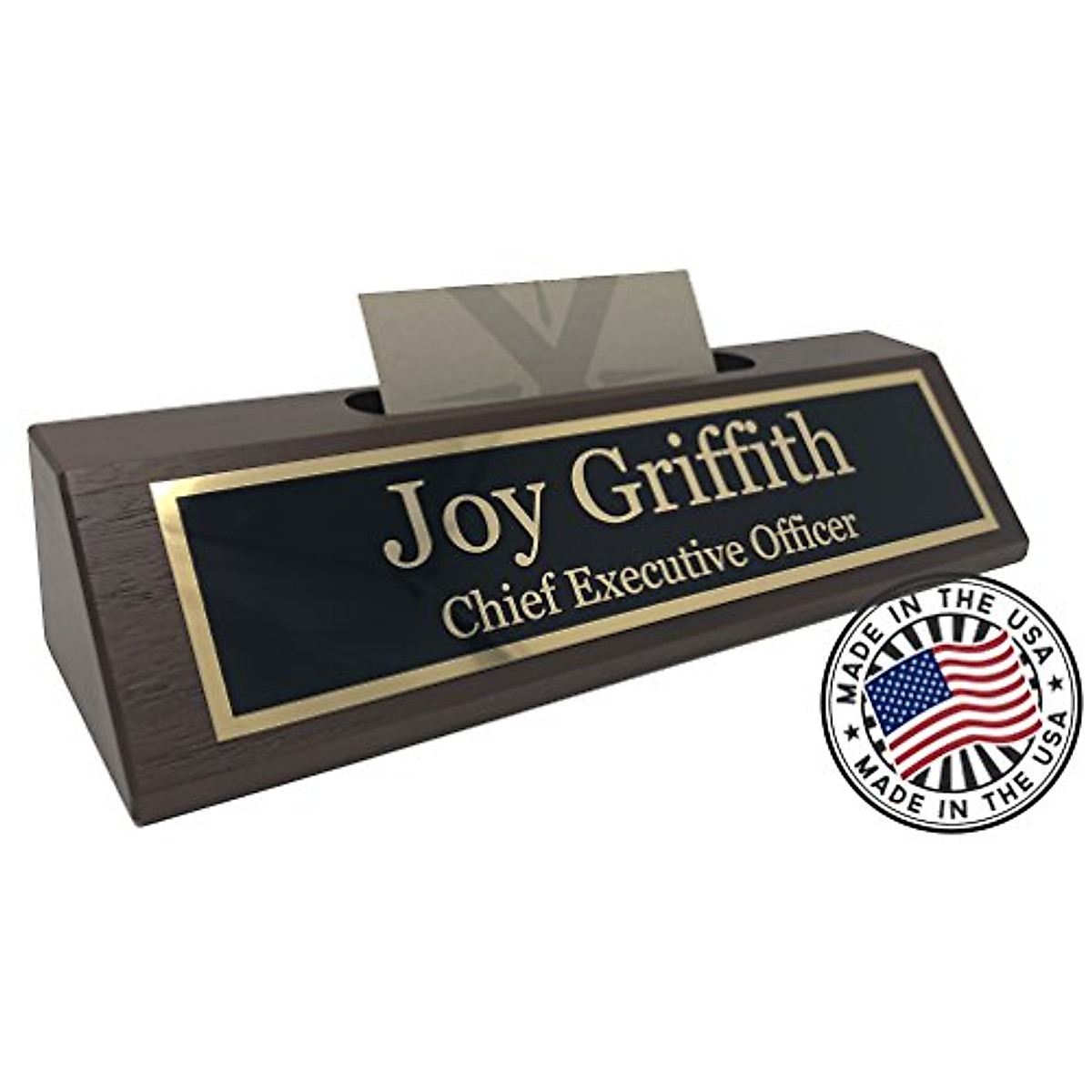 Griffco Supply Desk Name Plate Personalized - Name Plate for Desk with Card Holder - PhD Graduation Gifts Genuine Hardwood Nameplate for Desk - Made in USA Custom Plaque (Walnut)