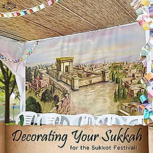 SUKKOT HADAR Sukkah Decoration: 4.7X10 Foot Vibrant Jewish Hanging Nylon Fabric Canvas Wall Banner, Hiddur Mitzvah Artwork with Bag (Temple Fabric)