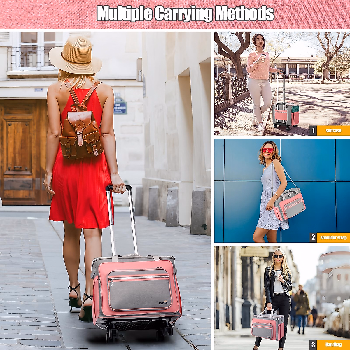 FINESUN Rolling Craft Bag - Rolling Bag with Wheels - Rolling Tote Bag- Rolling Teacher Bag - Wheeled Scrapbook Tote for Scrapbooking and Art - Travel Organizer Storage Bin for Paper,Glue,Tape Pink