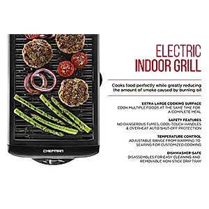 Chefman Electric Smokeless Indoor Grill w/Non-Stick Cooking Surface & Adjustable Temperature Knob from Warm to Sear for Customized BBQing, Dishwasher Safe Removable Water Tray, Black