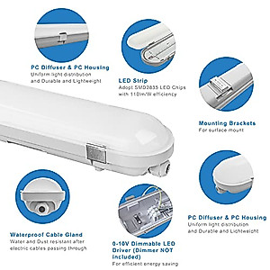 4FT LED Vapor Tight Light, 40W 4400 Lumens LED Vapor Proof Light, [100W Equivalent] 5000K, IP65 Warerproof, 100-277VAC, 0-10V Dimmable, Led Light for Garage Workshop Car Park Warehouse (1-Pack)