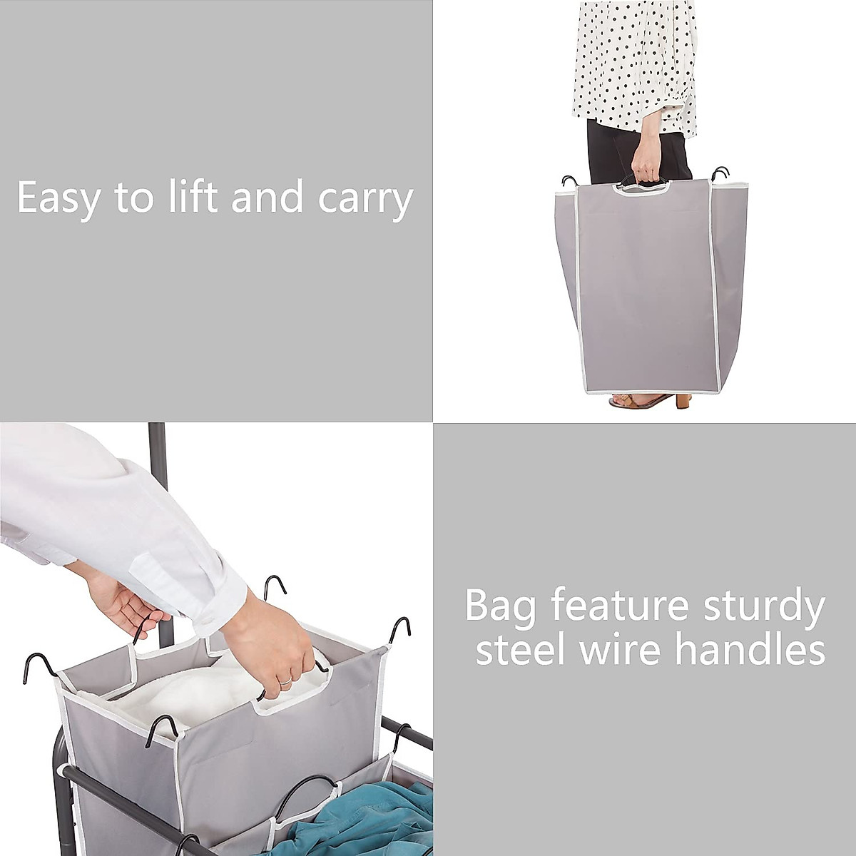 STORAGE MANIAC 136L Laundry Sorter with Hanging Bar, Portable, Removable Laundry Hamper Cart with Heavy Duty Rolling Lockable Wheels and Removable Bags, Rolling Laundry Basket Organizer, 3 Section