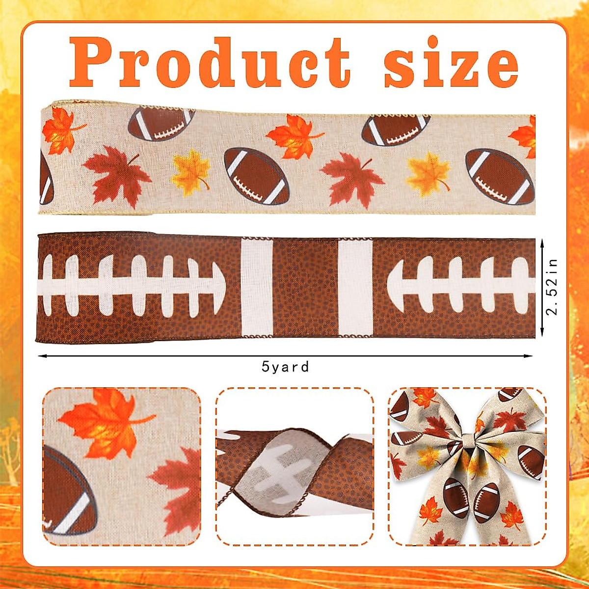 Hying 2 Rolls Fall Ribbons for Wreath Bows Wrapping Gifts, Football Party Maple Leaves Ribbon for Gift Wrapping Harvest Thanksgiving Party Decoration DIY Crafts 2.5" X 10 Yards Fall Wired Edge Ribbon