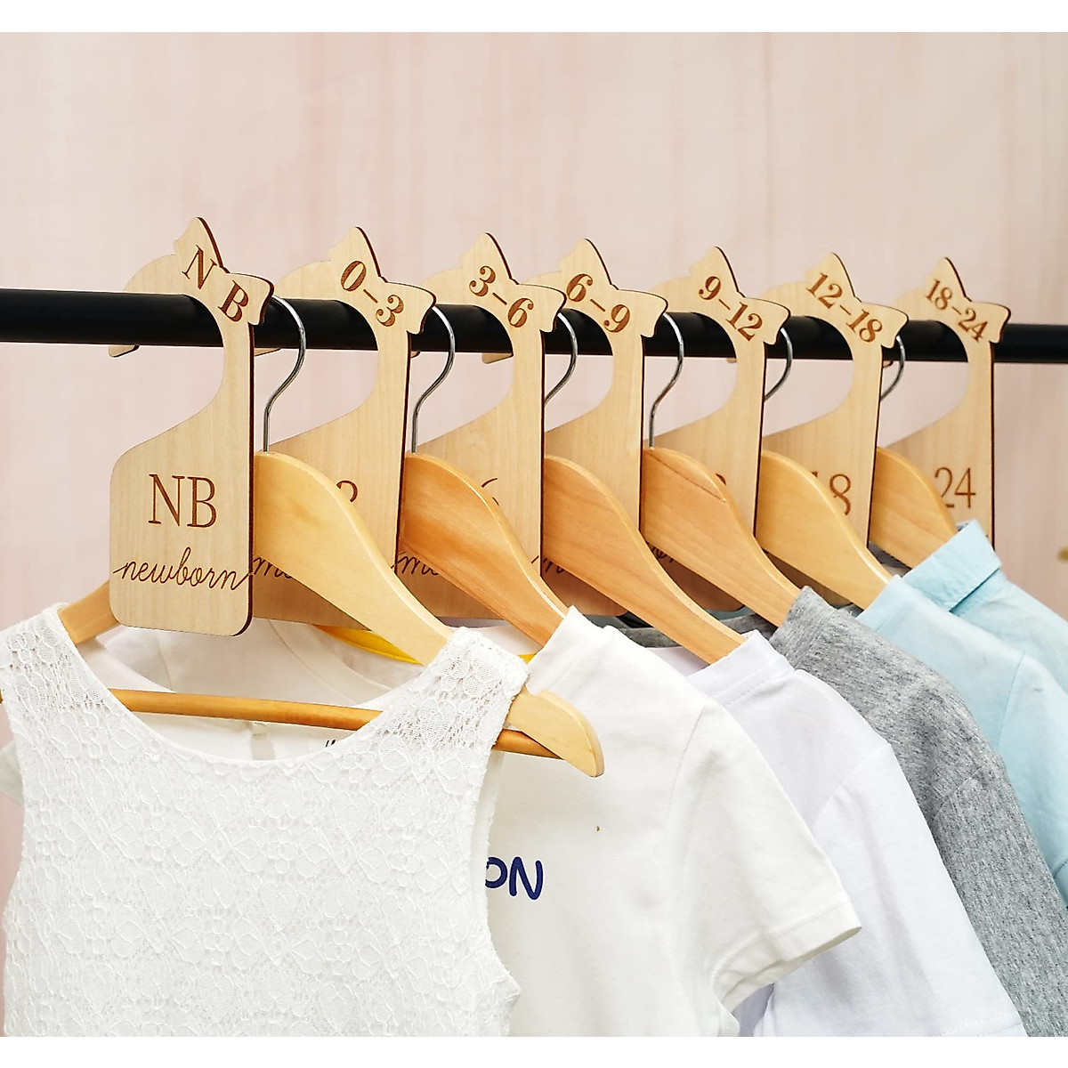 HOUÍSM Baby Closet Dividers Nursery Clothes Organizer, Baby Wooden Bundles with Birth Sign 5.9" and Keepsake Bag for Newborn to 24 Months, Timeless Engraved Design for Baby Girl Boy Room Decor