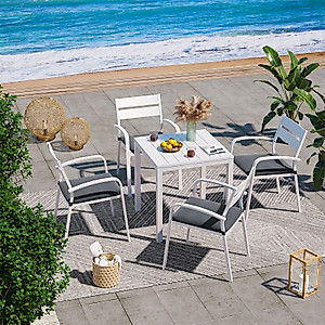 Soleil Jardin Outdoor Aluminum 4-Piece Patio Dining Chairs with Cushions, Stackable Bistro Chairs for Balcony, Garden, Backyard, White Finish & Grey Cushion