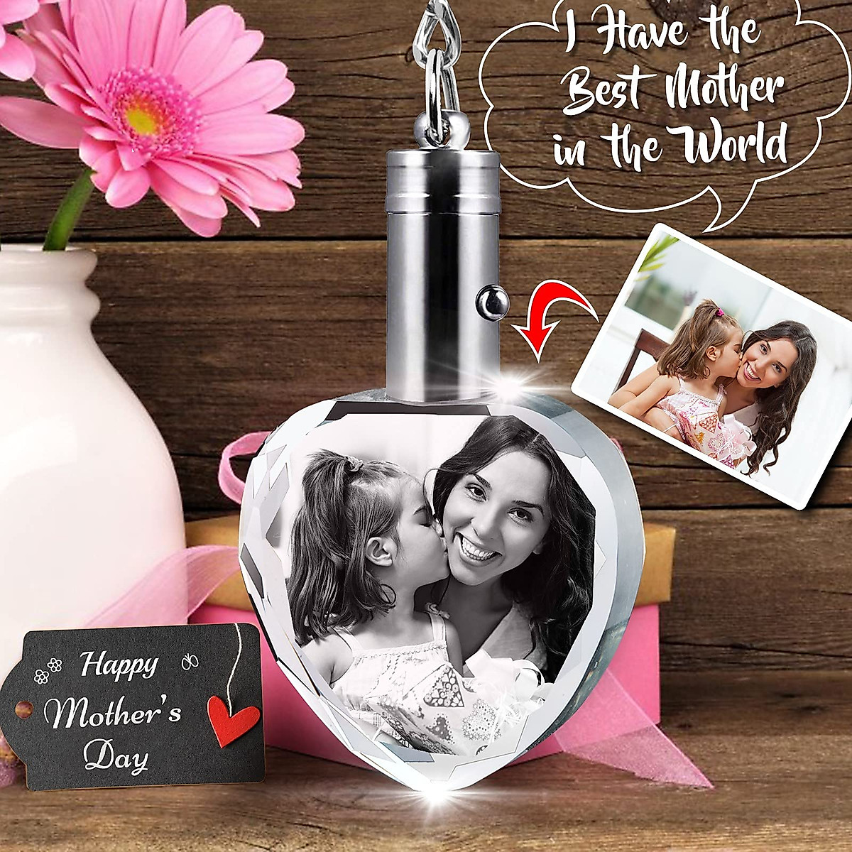 Amlion Crystal Keychain Photo Lighted Custom Crystal Etched Keychain, Personalized Crystal Keychain 3D Laser Engraved Gifts