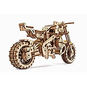 UGEARS Motorcycle with Sidecar 3D Puzzles - UGR-10 Motorcycle Scrambler Perfect Father's Day Gift Idea Wooden Model Kits for Adults to Build - Retro Design Sidecar Motorbike Model Kit with Rubber Band Motor