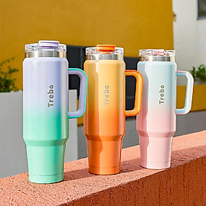 Trebo 40 oz Tumbler with Handle, Insulated Cup with Straw Leak-proof 2-in-1 Lid,Stainless Steel Coffee Mug for Cup Holder with Small Pouch, Metal Travel Flask Gifts for Her/Him,Keep Cold Hot,Orange