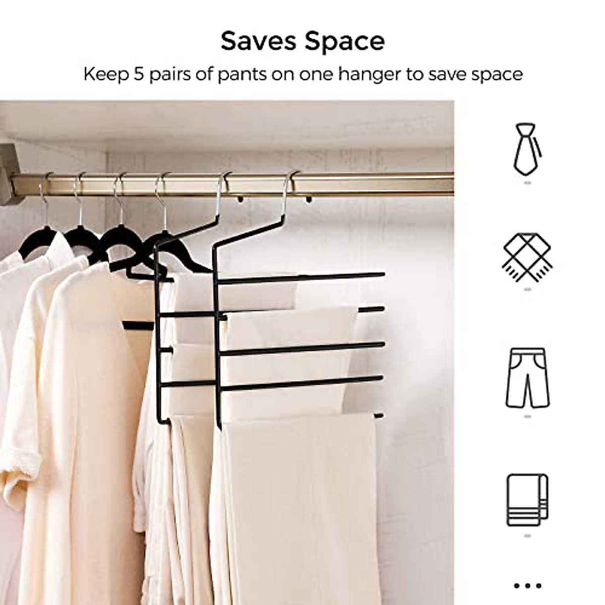 SONGMICS 5-Bar Pants Hangers, Pack of 4 Space-Saving Clothes Hangers, Closet Storage Organizer for Jeans Towels Scarves, Non-Slip Bars, Black UCRI034B02