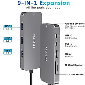 USB C Adapters for MacBook Pro/Air,Mac Dongle with 3 USB Port,USB C to HDMI, USB C to RJ45 Ethernet,MOKiN 9 in 1 USB C to HDMI Adapter,100W Pd Charging, USB C to SD/TF Card Reader USB C Hub