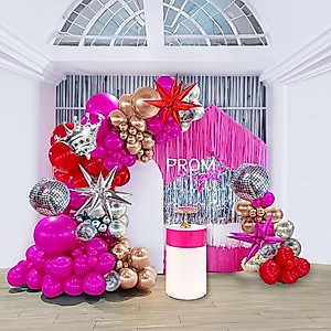 Hot Pink Red Silver Disco Balloon garland arch kit with Disco ball Starburst Crown balloons for girl birthday Disco dance theme 2024 graduation Prom party Decorations