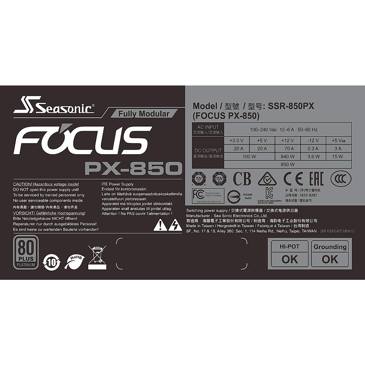 Seasonic FOCUS PX-850 | 850W | 80+ Platinum | Full-Modular | ATX Form Factor | Low Noise | Premium Japanese Capacitor | 10 Year Warranty | Nvidia RTX 30/40 Super & AMD GPU Compatible (Ref. SSR-850PX)