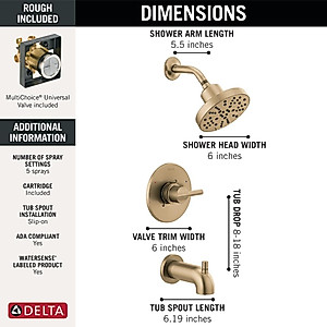 Delta Faucet Nicoli 14 Series Single-Handle Tub and Shower Trim Kit, Shower Faucet with 5-Spray H2Okinetic Shower Head, Champagne Bronze 144749-CZ (Shower Valve Included)