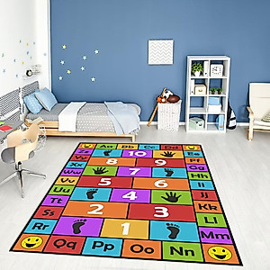 Kid Hopscotch Play Rug, ABC Alphabet Number Educational Carpet, Playroom Classroom Mat Non-Slip Washable (Red 31x47 in)