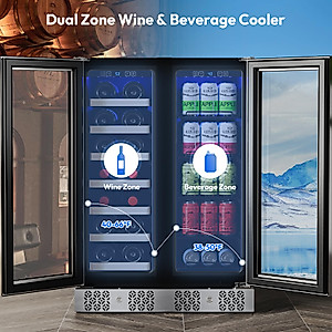 Empava Wine and Beverage Refrigerator Cooler Dual Zone 24 inch, Built-in Counter or Freestanding Fridge with Glass Door and LED Light, 96 Cans and 33 Bottles Capacity, Silver