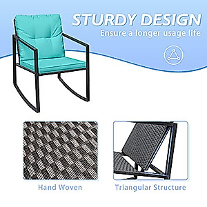 Greesum 3 Pieces Rocking Wicker Bistro Set, Patio Outdoor Furniture Conversation Sets with Porch Chairs and Glass Coffee Table, Blue