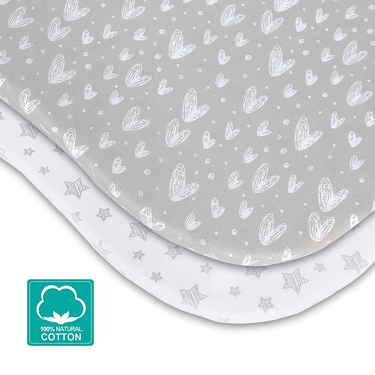 Cotton Sheets for 4moms Breeze Plus Portable Playard and Bassinet, Breathable and Heavenly Soft, Grey Hearts and White Stars Print for Baby