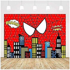 Vinyl 7x5ft Red Spider Web Photography Backdrop for Children Boys 1st Birthday Party Banner Decorations Superhero Theme Cityscape Photo Background Baby Shower Photo Booth Supplies