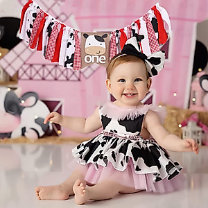 Farm Cow for First Birthday Highchair Banner - Boy or Girl High Chair One First 1st Barnyard Smash Cake Cow Western Fabric Picnic Decorations Cow , Party Decor for Baby Showers (Farm Cow Highchair