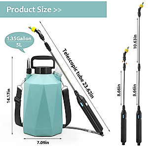 SideKing Battery Powered Sprayer 1.35Gallon/5L, Electric Garden Sprayer with USB Rechargeable Handle, Weed Sprayer with 3 Mist Nozzles, Telescopic Wand, and Shoulder Strap for Lawn and Garden