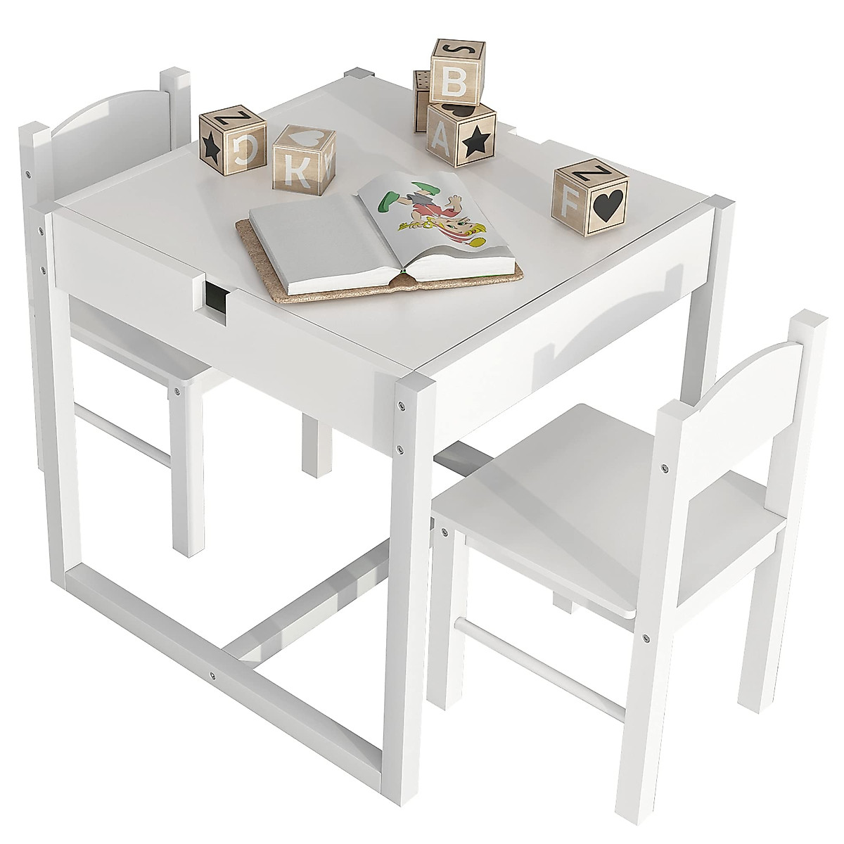 4NM 3 in 1 Kids Table Set for 2, Children Table and Chairs, Toddler Play Activity Table with Hidden Storage Wood Building Block Table Desk for Ages 3-7 - White Green