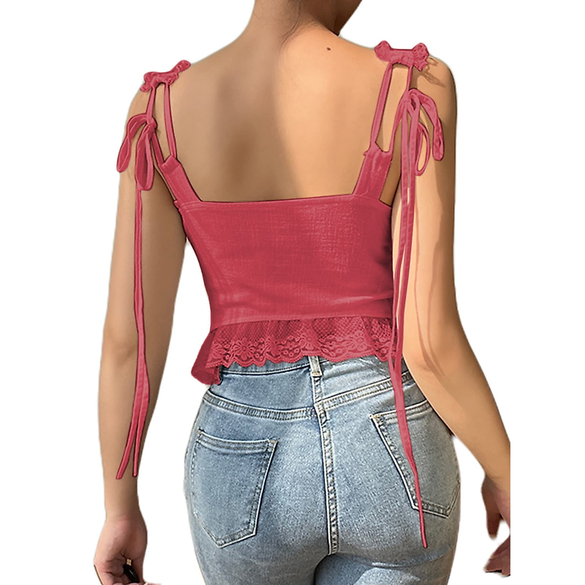Remidoo Women's Sexy Tie Front Top Lace Trim Tank Open Front Crop Top Going Out Sleeveless Shirt Hot Pink X-Large