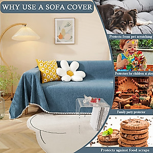 HANDONTIME Blue Sectional Couch Covers Easy Fitted Sofa Covers for 3 Cushion Couch Universal Chenille Sofa Cover Durable Furniture Protector with Floral Lace Bottom for Kids Dogs Pets, 71" X150"