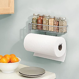 mDesign Wall Mount Metal Paper Towel Holder with Storage Shelf for Kitchen, Pantry, Laundry, Garage Organization - Shelf Holds Spice Bottles, Glass Jars, Oils and Vinegars - Chrome