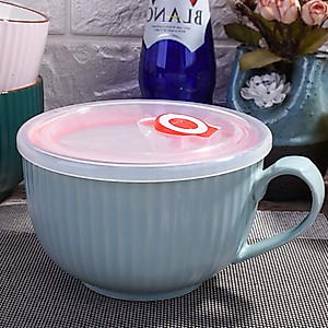 BOSILI Ceramic Soup Bowls with Handles Microwave Safe Bowl with Lid Microwavable Soup Mug with Lid Large Soup Cups for Ramen Noodle Cereal