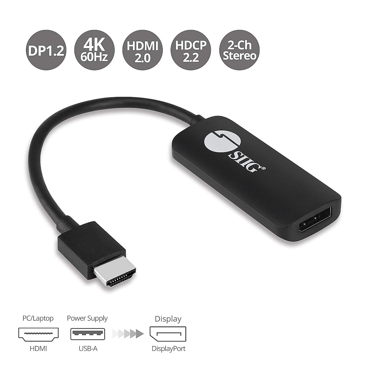 SIIG HDMI 2.0 to DisplayPort 1.2 4K@60Hz Converter Adapter, HDCP 2.2, Stereo Audio, USB-Powered, Not Compatible with Apple Studio Display (CB-H21811-S1)
