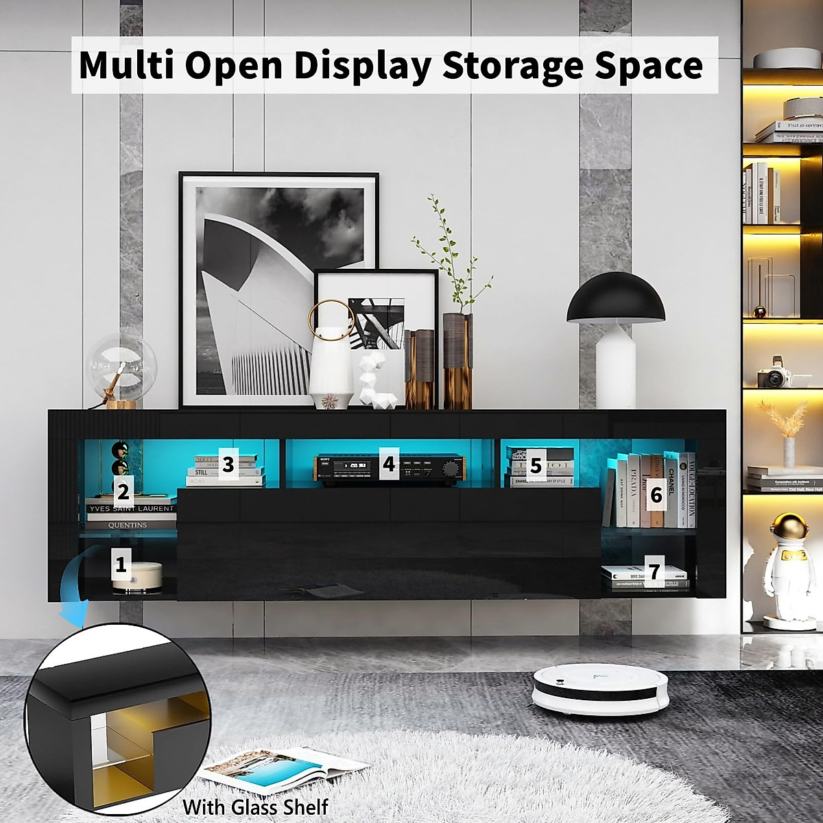 Gitua Floating TV Stand Wall Mounted, High Gloss LED Floating Entertainment Center with Storage&Adjustable Glass Shelf, TV Stand for 65 Inch TV, Gaming Media Center Console Table with Lights, Black