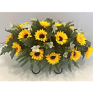 Cemetery Headstone Saddle Arrangement with Yellow Sunflowers and White Daisies-Grave Decoration