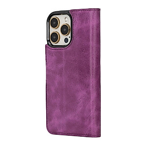 HARDISTON Genuine Leather Handmade Wallet Case Compatible with iPhone 15 Pro Max - MagSafe Compatible - Detachable Magnetic Flip Cover with Card Holders - Horizontal Kickstand (Purple)