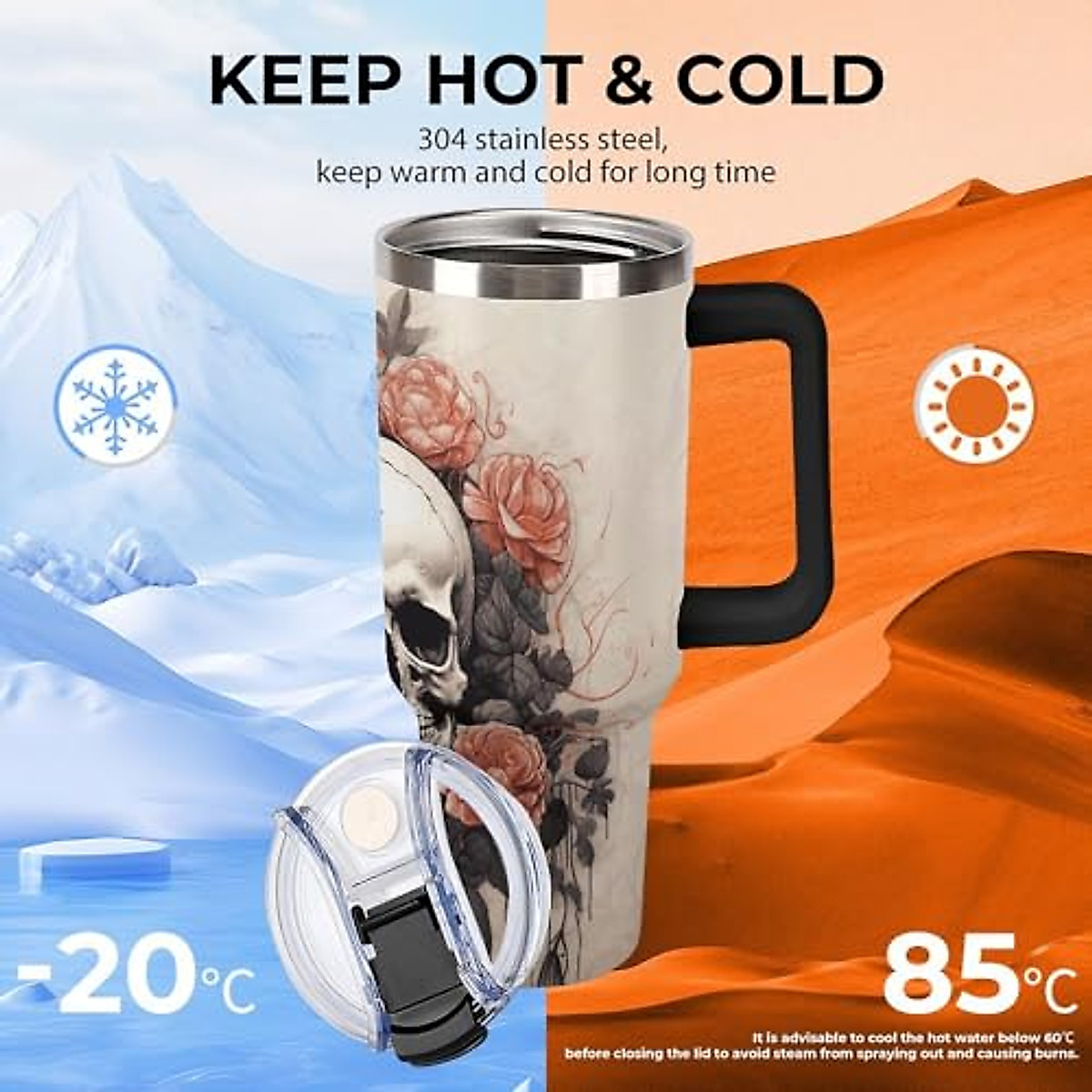 LLUTSNTH 40 Oz Vacuum Tumbler with Black Handle Leakproof Insulated Tumbler Ancient Skull And Flowers Stainless Steel Travel Mug with Lid And Straw Coffee Cup Cute Water Bottles Cup Holder Friendly