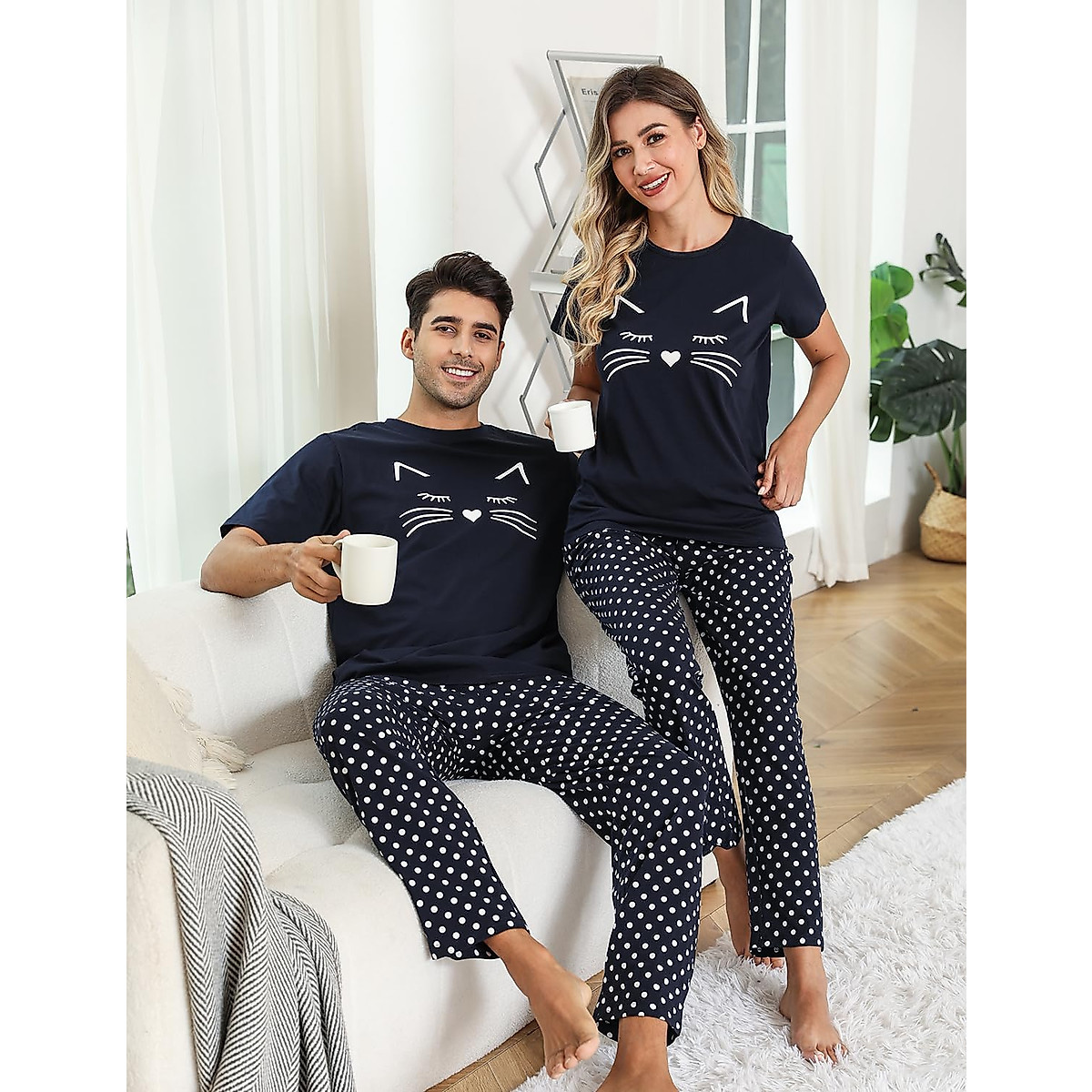 EISHOPEER Women's Pajama Set Printed Short Sleeve Top & Long Pants Sleepwear Pjs Sets Navy Blue XS