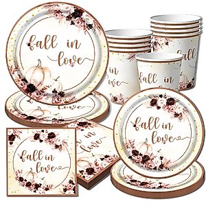 GREHUMOR 80pcs Fall Place Setting, Includes Disposable Tableware with Burgundy Flowers & Pumpkin Design, for Bridal Shower, Engagement, Anniversary, Autumn Themed Events