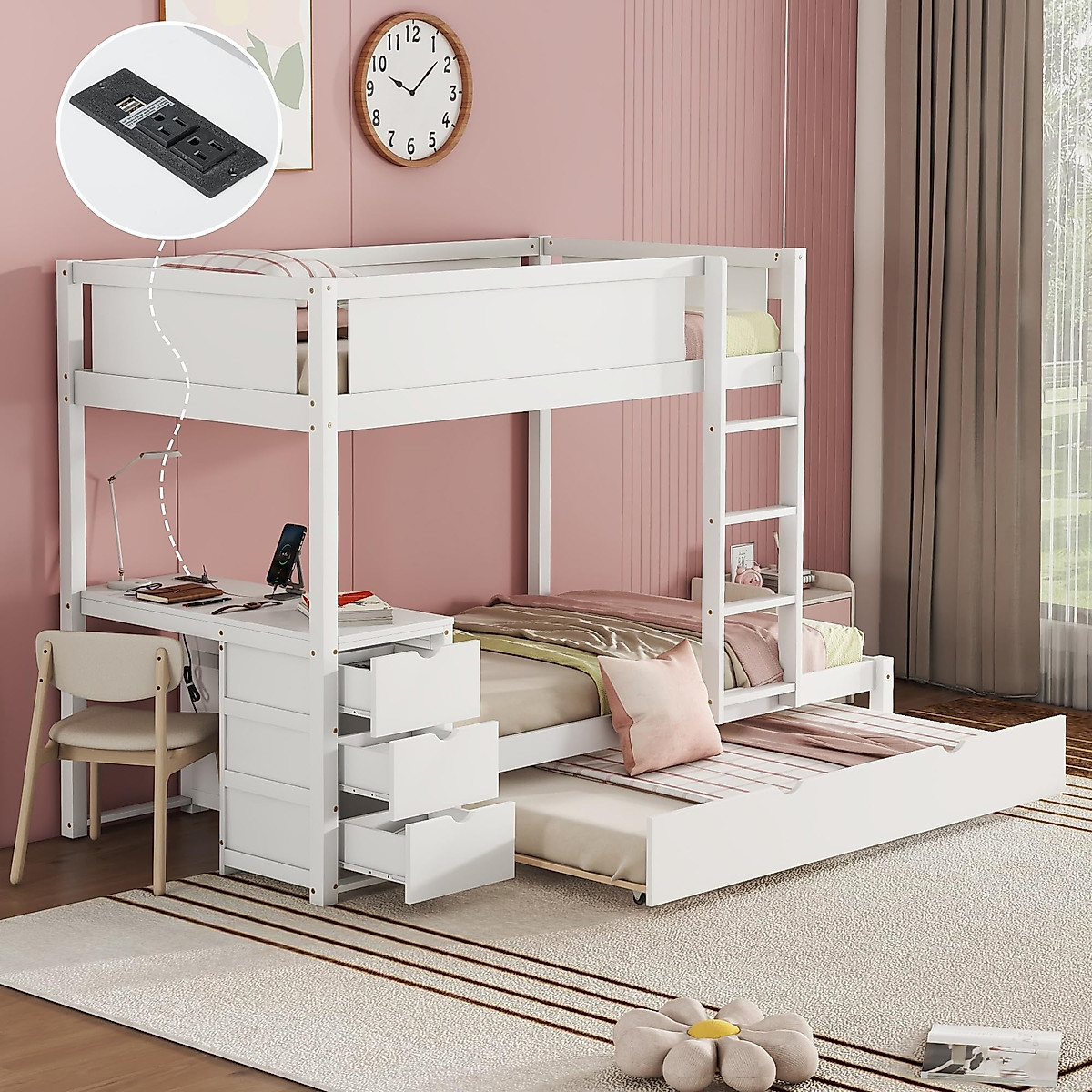 Harper & Bright Designs Twin Over Twin Bunk Bed with Trundle, Desk and Storage Drawers, Wood Bunk Bed Frame for Kids Teens Adults, White