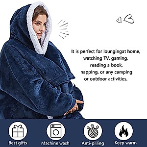 Ashago Wearable Blanket Hoodie for Adult Oversized Sherpa Blanket Sweatshirt Hoodie with Sleeves and Giant Pocket Gifts for Women Men（Blue）