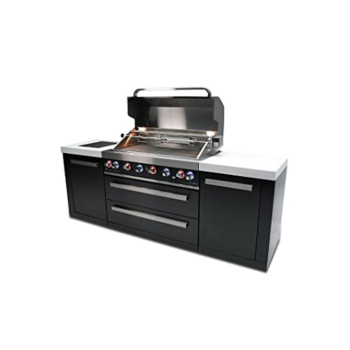 Mont Alpi MAi805-BSS 44-inch 6-Burner 115000 BTU Deluxe Black Stainless Steel Outdoor Kitchen Gas Island Grill w/ Infrared Side Burner & Rotisserie Kit Granite Countertop + Storage Cabinets & Weather Cover