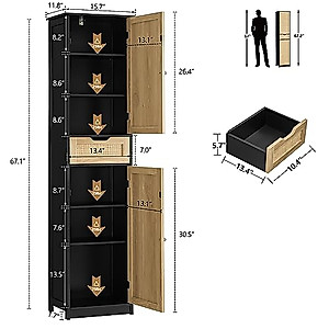 Iwell Tall Bathroom Cabinet with Doors, Rattan Storage Cabinet with Adjustable Shelves, Freestanding Narrow Linen Cabinet for Living Room, Entryway, Kitchen, Home Office, Black