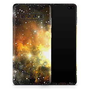 DesignSkinz Glowing Gold & Black Nebula | Protective Vinyl Decal Wrap Skin Cover Compatible with The Samsung Galaxy S10e (Full-Body, Screen Trim & Back Glass Skin)