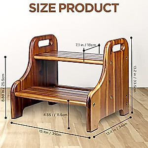 Wood Step Stool for Kids and Toddlers, Natural Acacia Solid Wood, Portable 2 Handles, Wider 2 Steps, Safe Non-Slip Bottom, Rounded Corners, Supports up to 200 lbs, Perfect for Children (Natural)