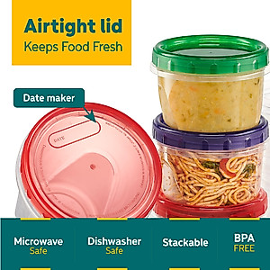 ELEGANT DISPOSABLES Twist Top Food Storage Containers 16 oz 12 Pack Plastic Freezer Storage Containers Leakproof Reusable with Screw on Colored Lids