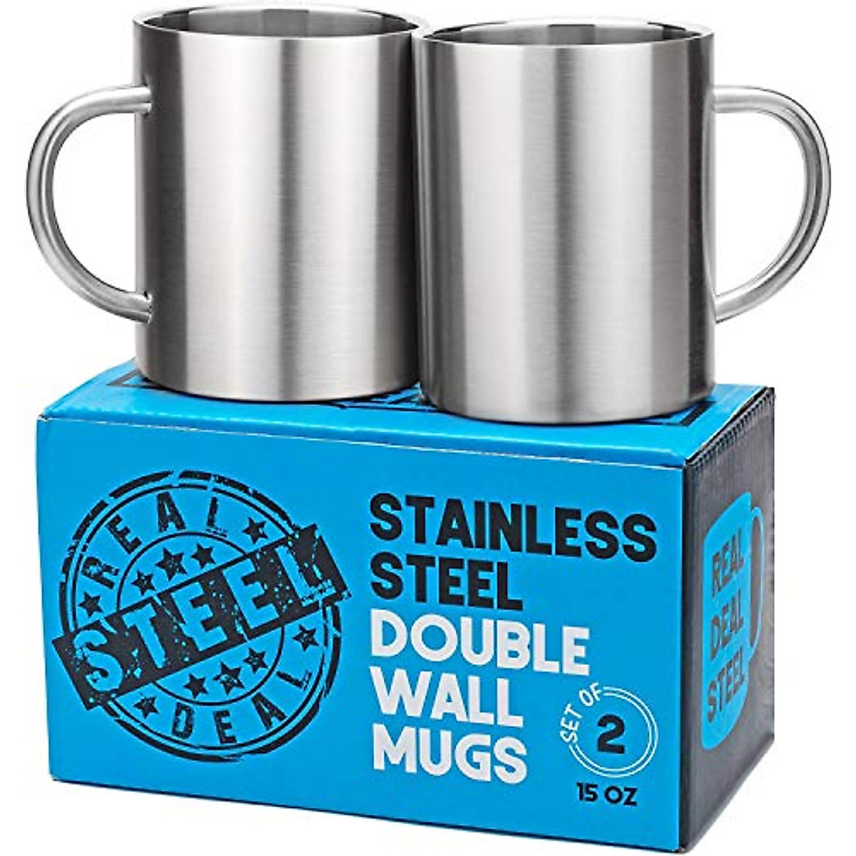 Stainless Steel Double Walled Mugs: 100% BPA Free,15 oz Metal Coffee & Tea Cup Mug - Insulated Cups with Handles Keep Drinks Hot or Cold Longer - Durable for Camping - Set of 2 Shatter Proof Mugs