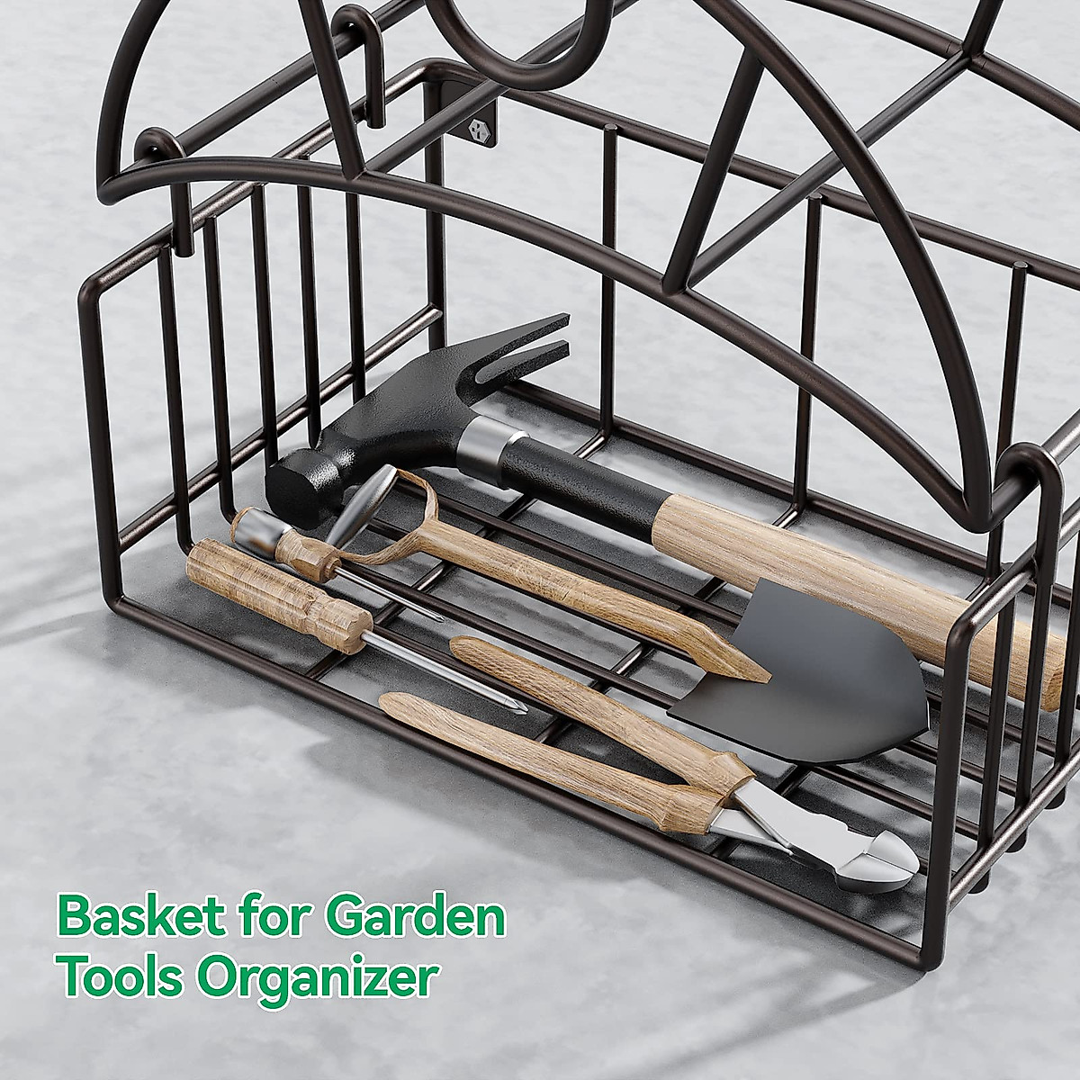 Asuby Hose reel Garden Hose holder with Tool Storage Basket, Heavy Duty Metal Water Hose holder Wall Mount, Garden Water Hose Reel Storage for Outer Yards and Garden Lawns