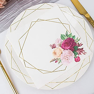 Efavormart 20 Pack | 2 Ply Soft White/Gold Hexagon Frame Floral Paper Napkins, Wedding Dinner Cocktail Beverage Napkins