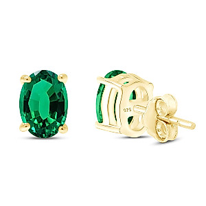 AFFY 8X6MM Oval Shape Birthstone Simulated Emerald Solitaire Stud Earrings With Friction Back for Women In 14K Yellow Gold Over Sterling Silver (VVS1- VVS2 Clarity)